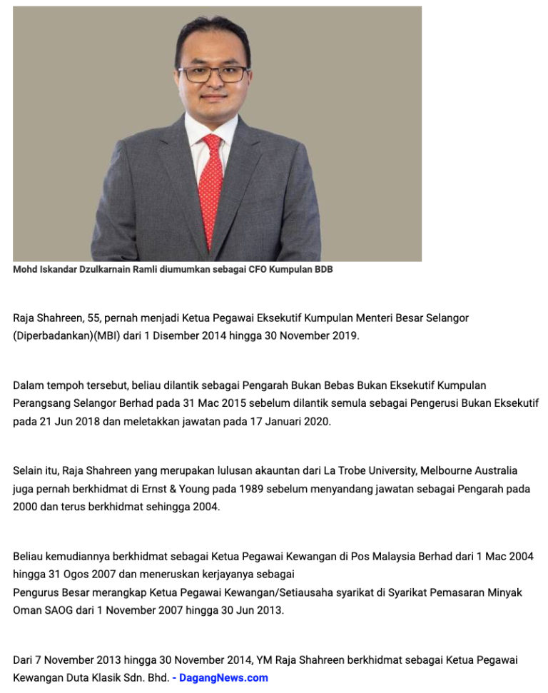 Raja Shahreen Raja Othman dilantik sebagai CEO Kumpulan BDB, Mohd Iskandar sebagai CFO | DAGANG ...