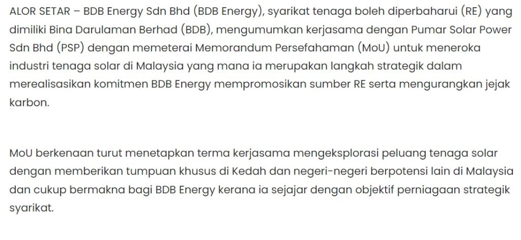KedahGazette: BDB Energy, Pumar Solar Power jalin kerjasama teroka ...